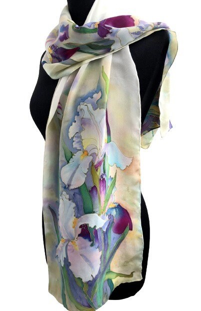 Hand Painted Natural Silk Scarf Irises in White and Purple Tones, a ...