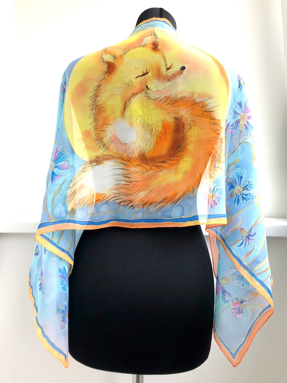 Hand Painted Silk Scarf Fox and Cornflowers Natural Chiffon - Etsy