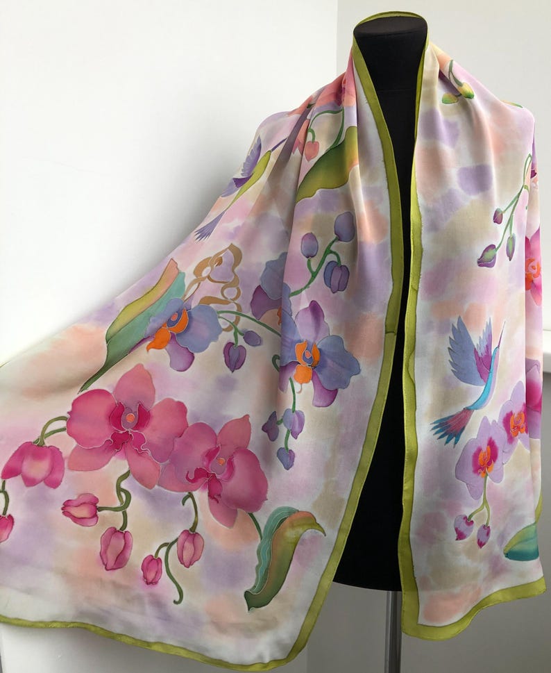 Orchids Natural Silk Scarf Hand Painted Silk Floral Designer Scarf ...