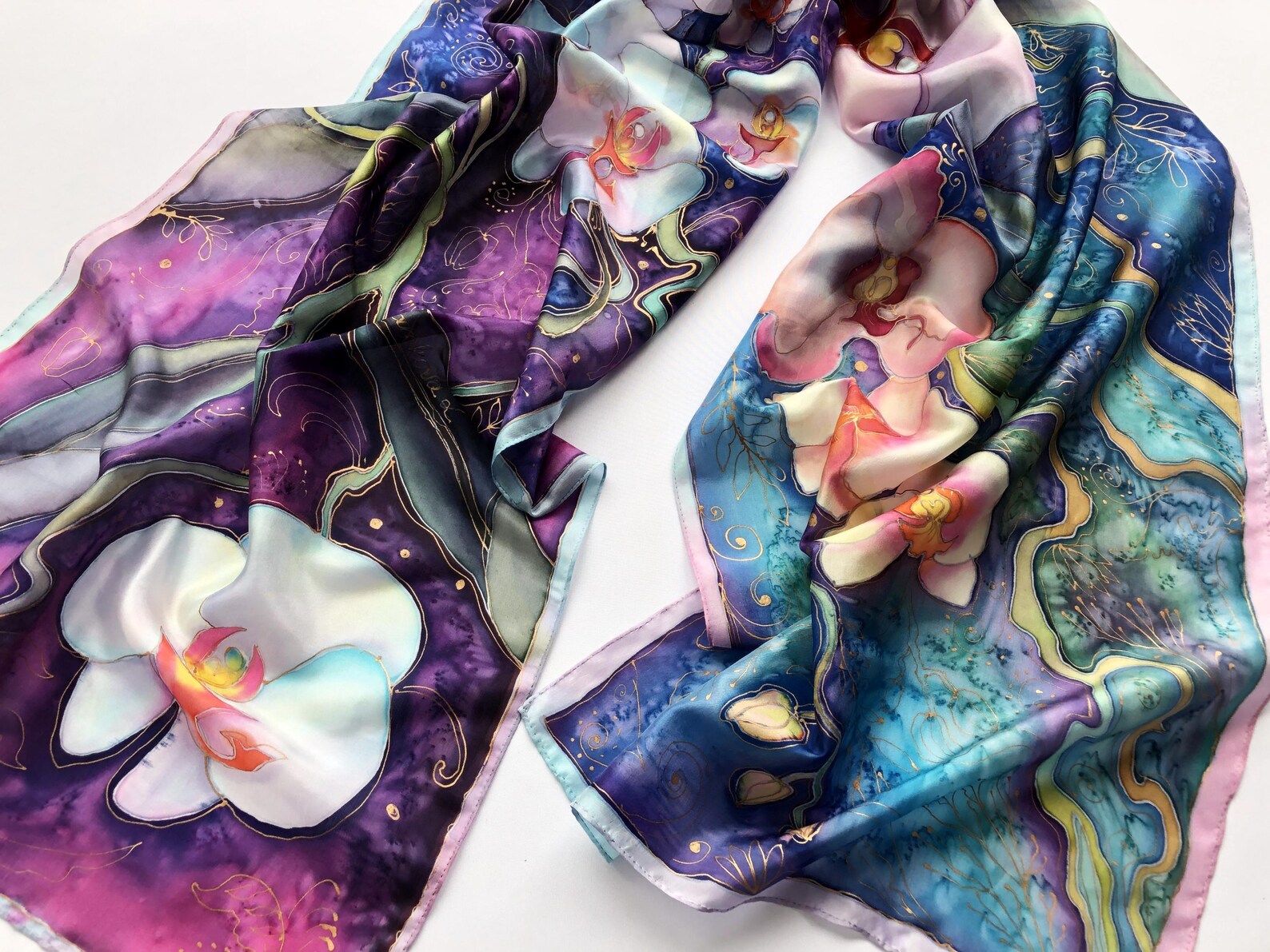 Silk Scarf Orchids Hand Painted Silk Scarf Flowers Silk Scarf Gift for ...