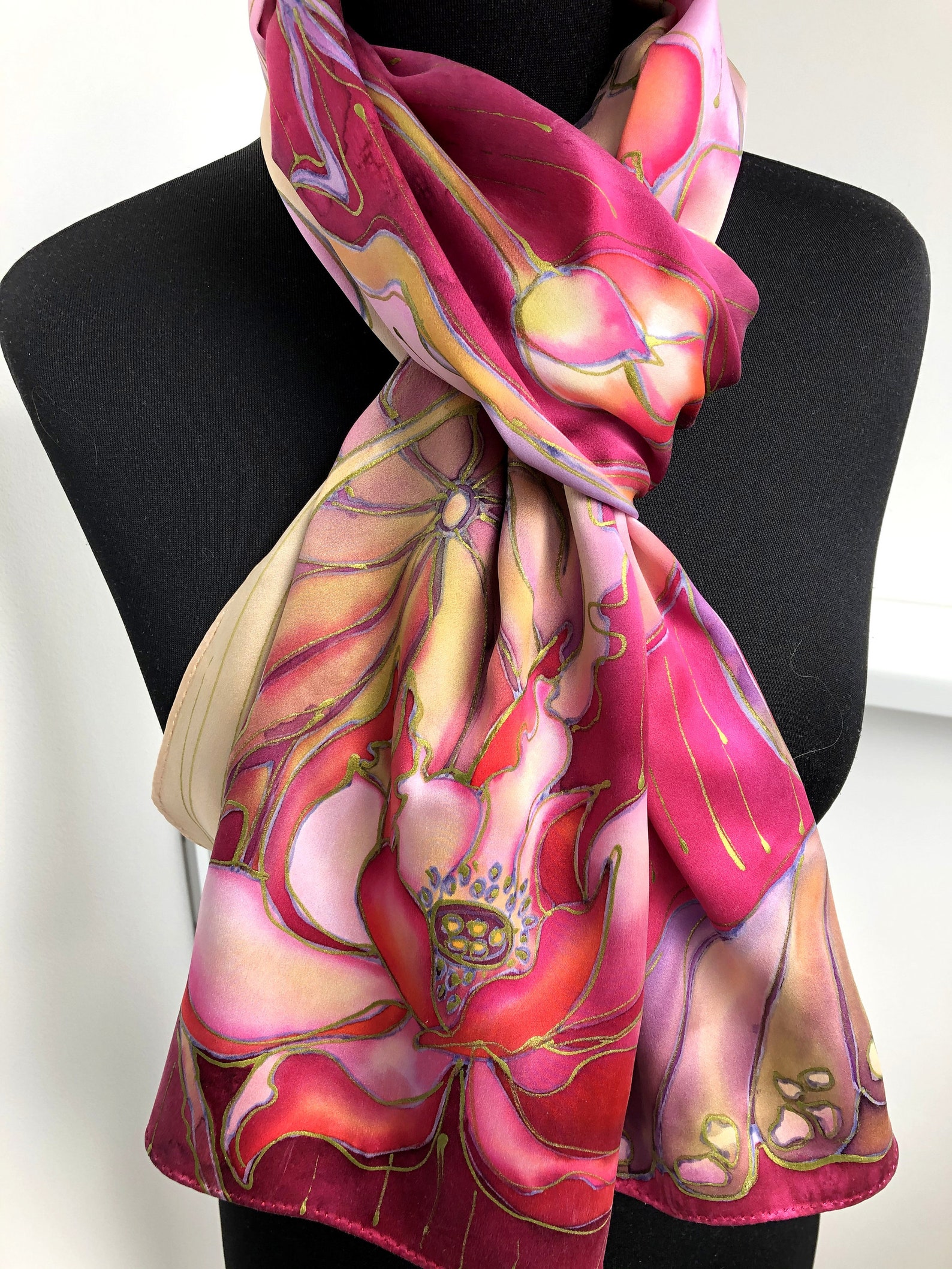 Silk Scarf Lotus Hand Painted Burgundy and Ocher Silk Scarf - Etsy