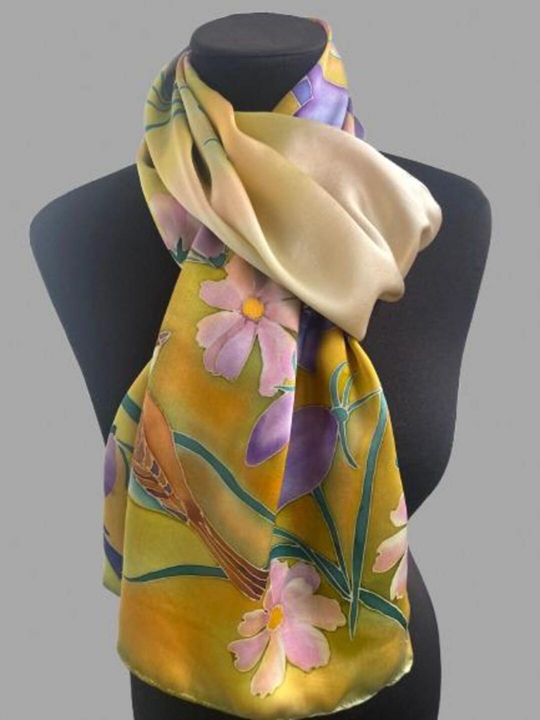 Bells Cosmea Silk Scarf Hand Painted Natural Silk Satin Mother's Day ...