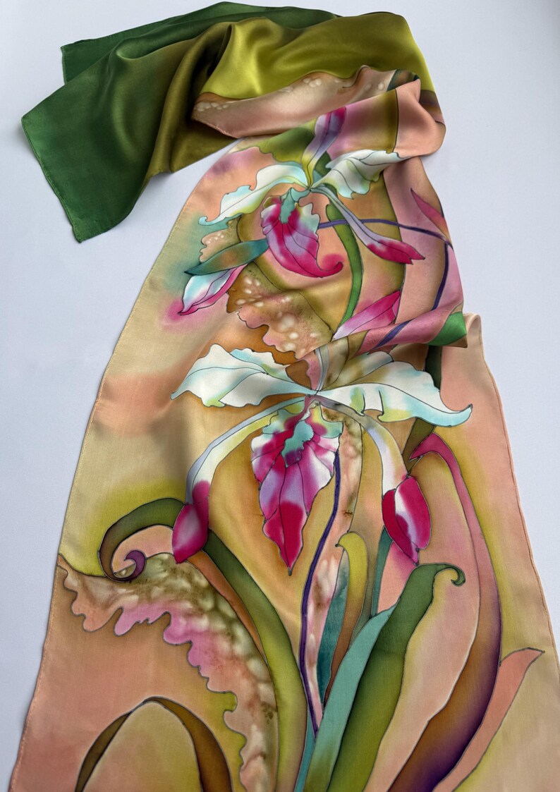 Hand Painted Silk Scarf Orchids on a Green Gift for Anniversary ...