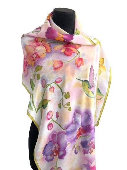 Orchids Natural Silk Scarf, Hand Painted Silk, Floral Designer Scarf ...