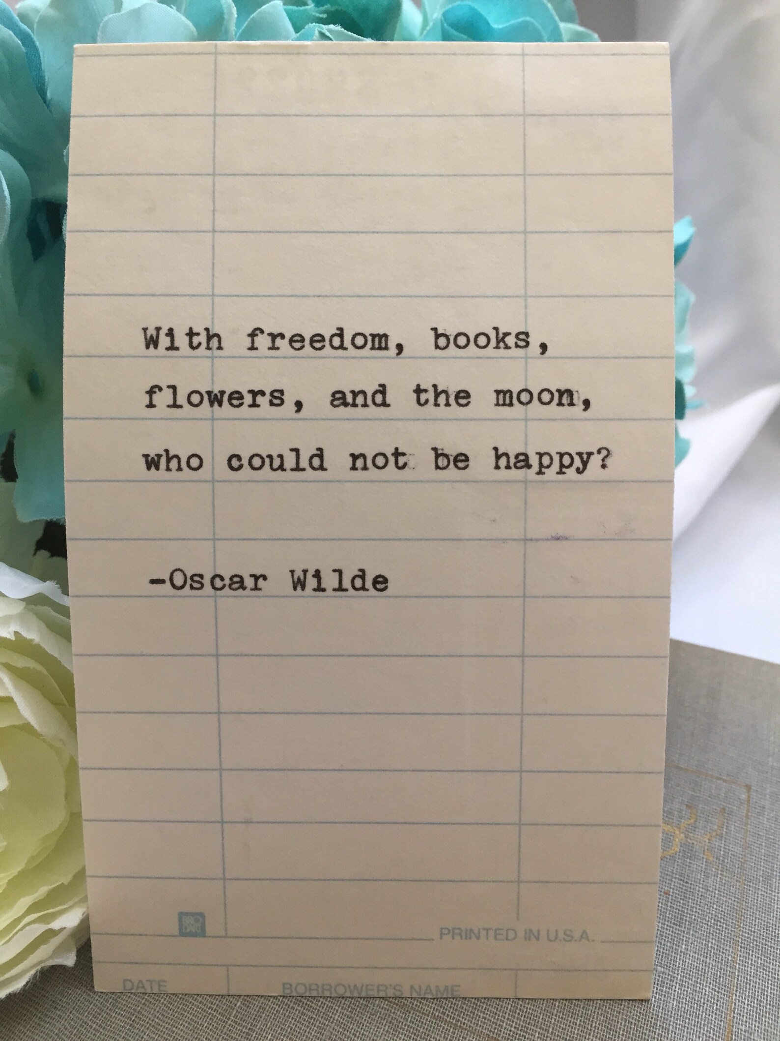 Oscar Wilde Quote Hand Typed on Library Due Date Card - With Freedom - Etsy