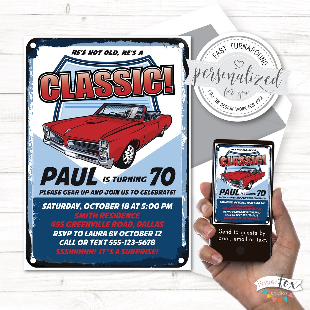 Classic Car Birthday Invitation for Men, ANY Age, 50th Birthday ...