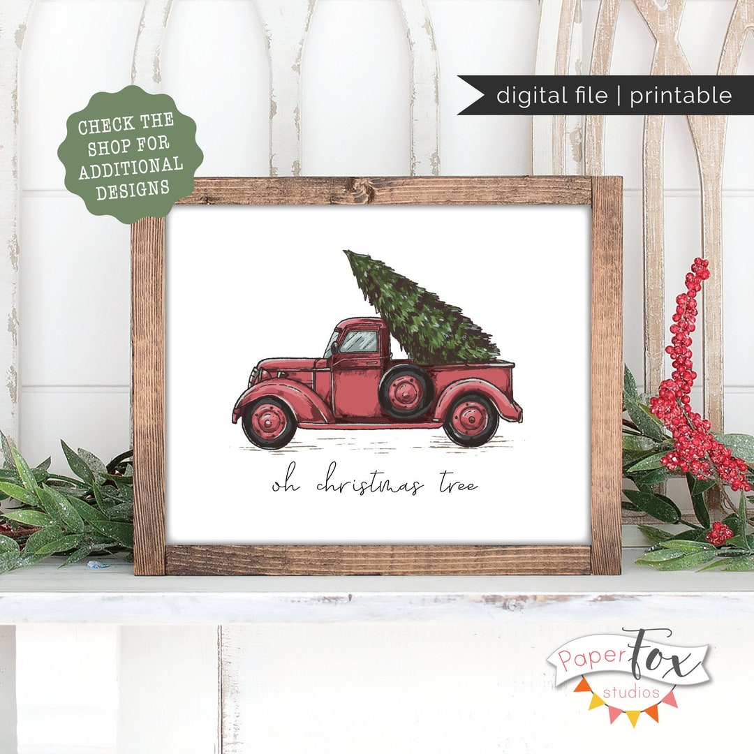 Christmas Printables, Vintage Red Truck With Christmas Tree, Rustic ...