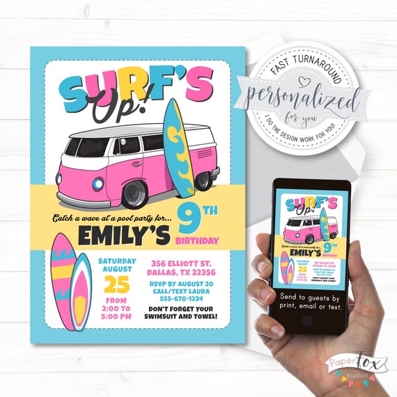 Surf Birthday Invitation Pool Party Invitation Digital - Etsy