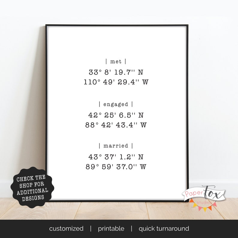 Printable Met Engaged Married, GPS Coordinates, Wedding Location ...
