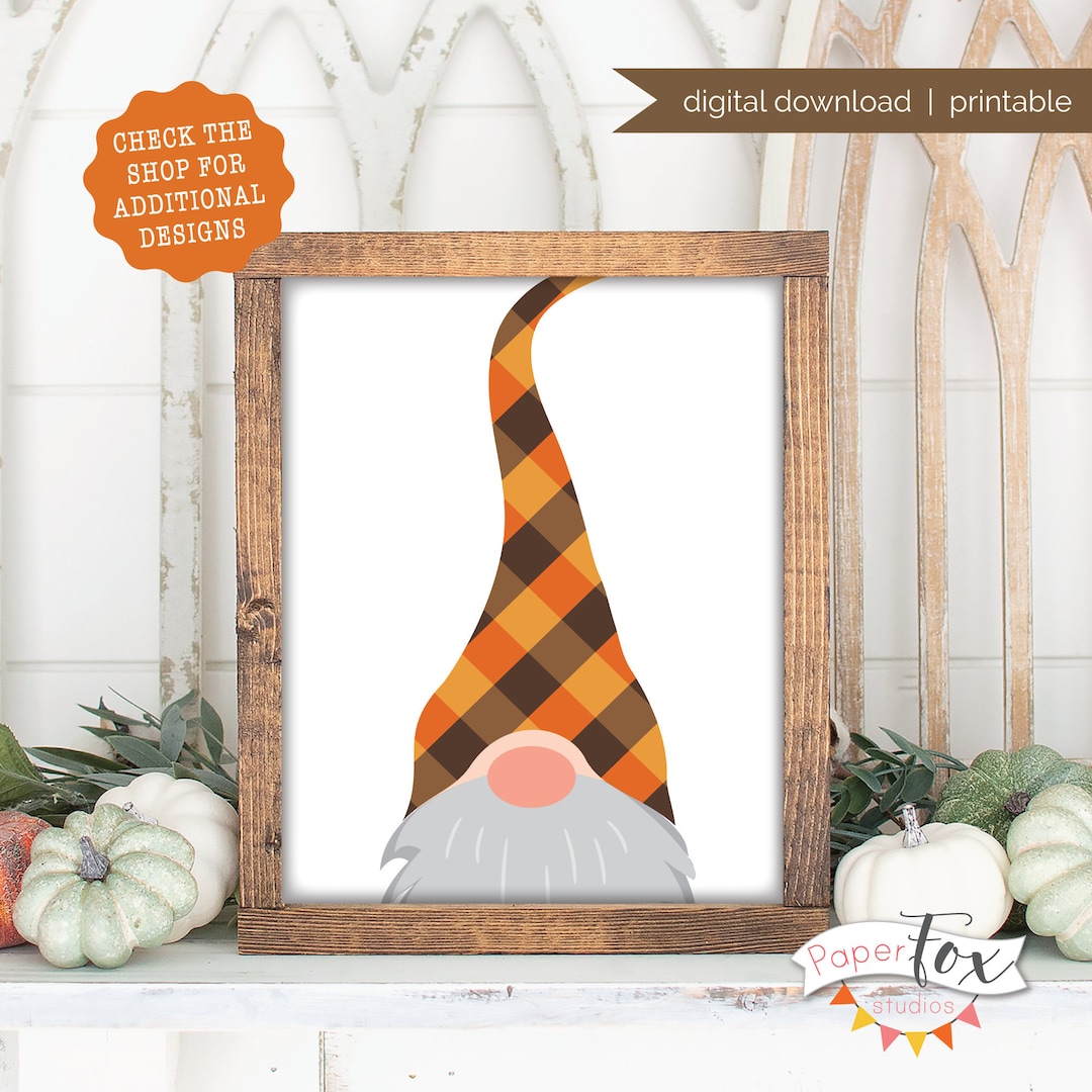 Printable Wall Art for Fall, Cute Autumn Gnome With Plaid Hat, Fall ...
