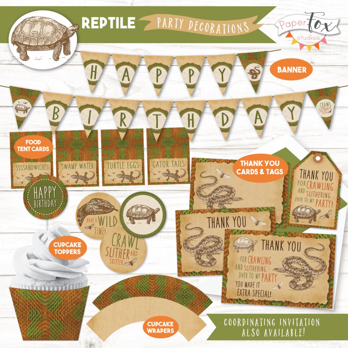 Reptile Birthday Party Printable Decorations Set Featuring Cupcake ...