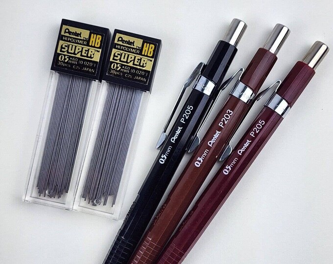 3x Pentel Mechanical Drafting Pencils Black Brown Maroon P203 P205 0 ...