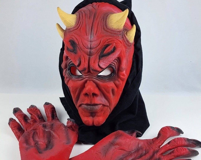 Rubber Face Horned Devil Demon Mask W/ Matching Hands Gloves Halloween ...