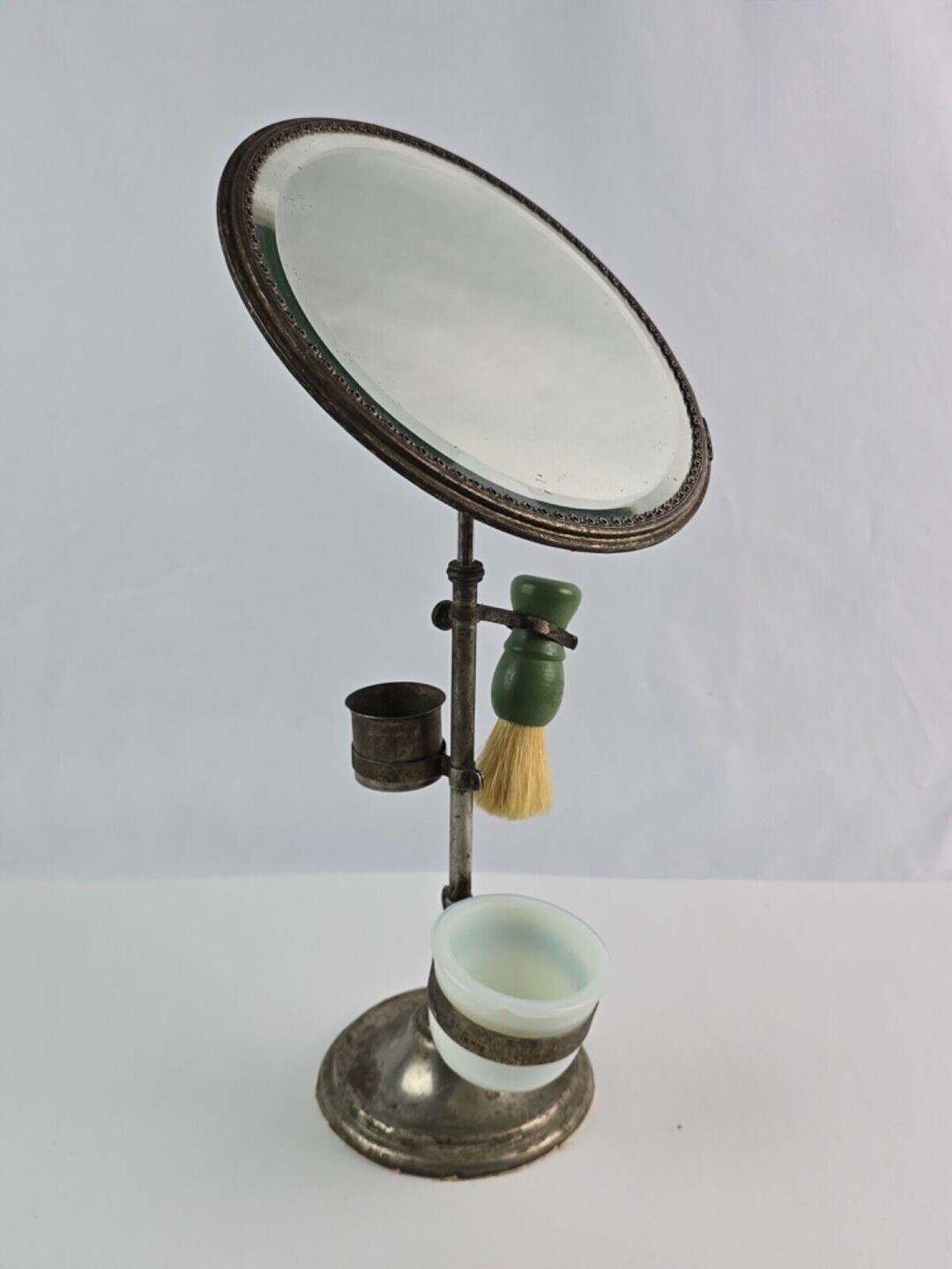 Antique Shaving Mirror Stand Beveled Glass W/ Brush Milk Glass Shave ...