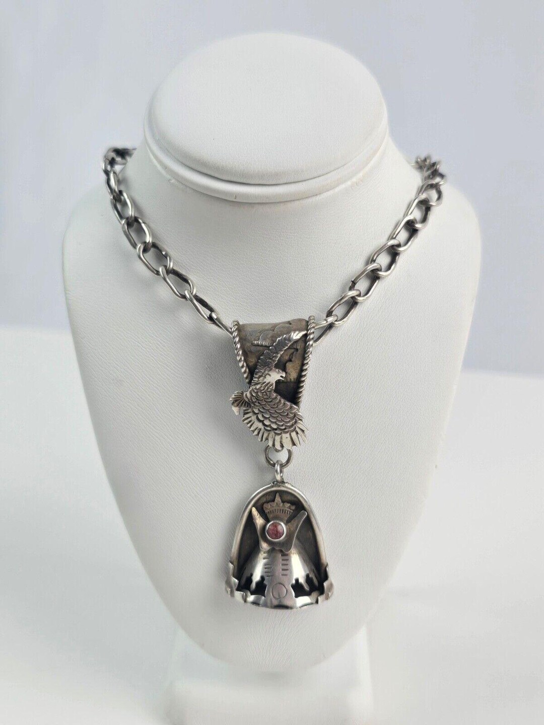 Sterling Silver Native American Signed Eagle Tee Pee Coral Pendant ...