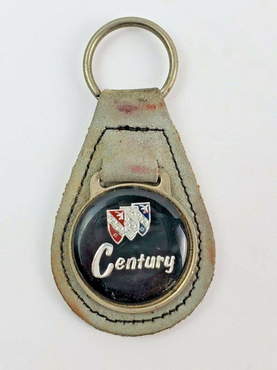 Vintage Century Leather Keychain Keyring Metal Back Gray W Black Face ...