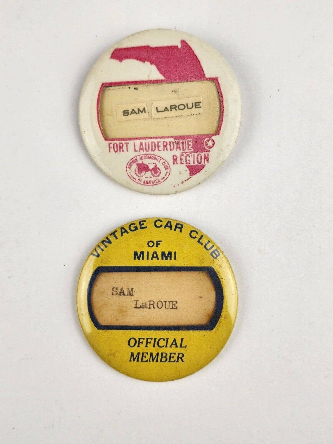 Vintage Car Club of Miami FL (2) Member Pins Badge Buttons Removable ...