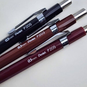 3x Pentel Mechanical Drafting Pencils Black Brown Maroon P203 P205 0 ...