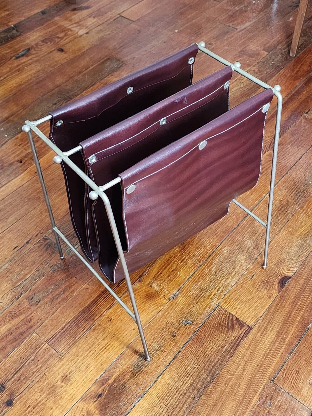 Mid-century Metal Wire & Leather Dual Pouch Magazine Newspaper Rack ...