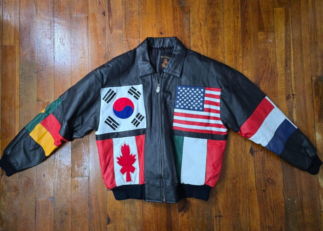 World Flag Leather Jacket by Phase 3 Vintage 1990's Men's Large All ...