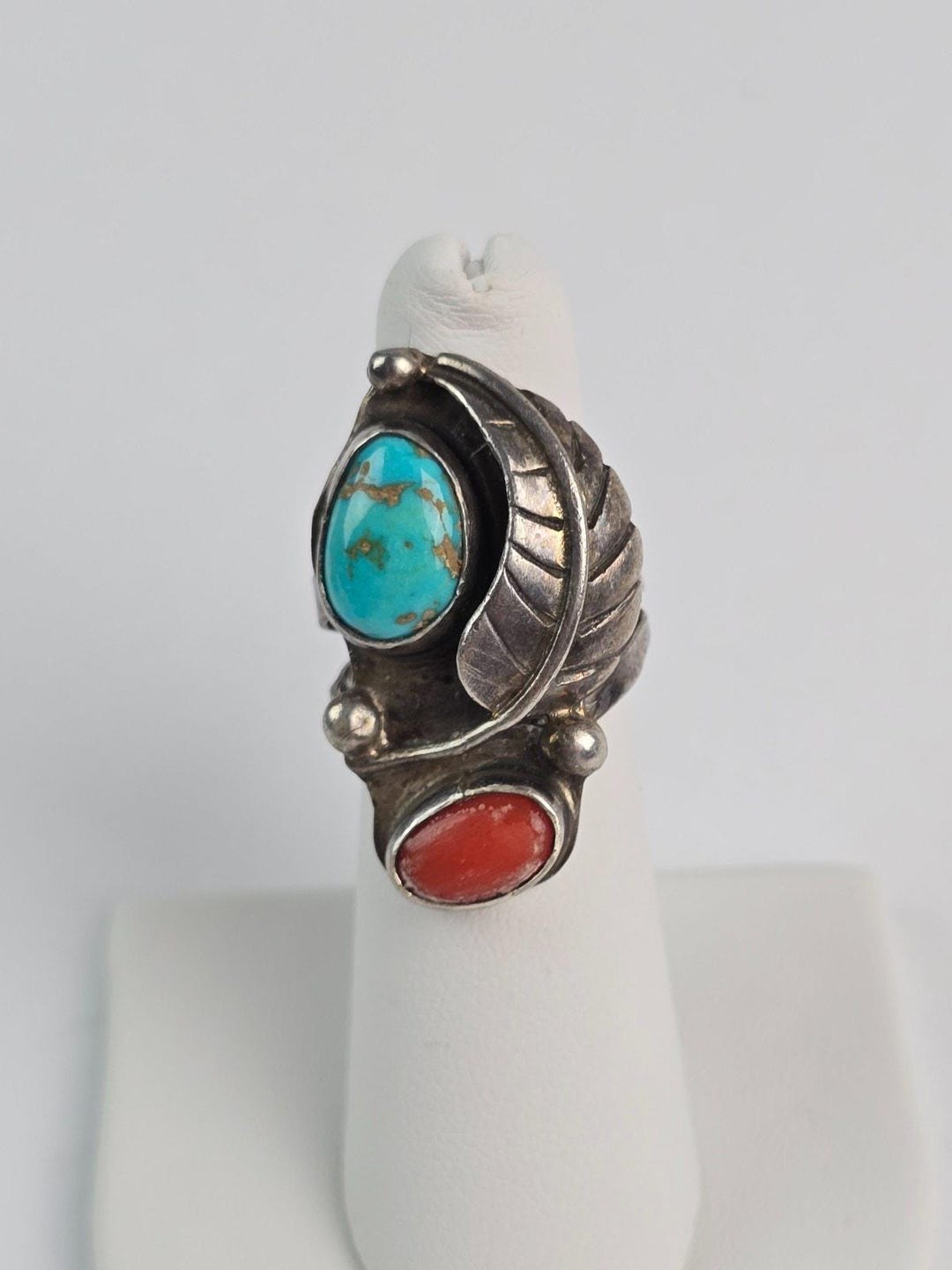 Native American Navajo Sterling Silver Turquoise Coral Feather Handmade ...