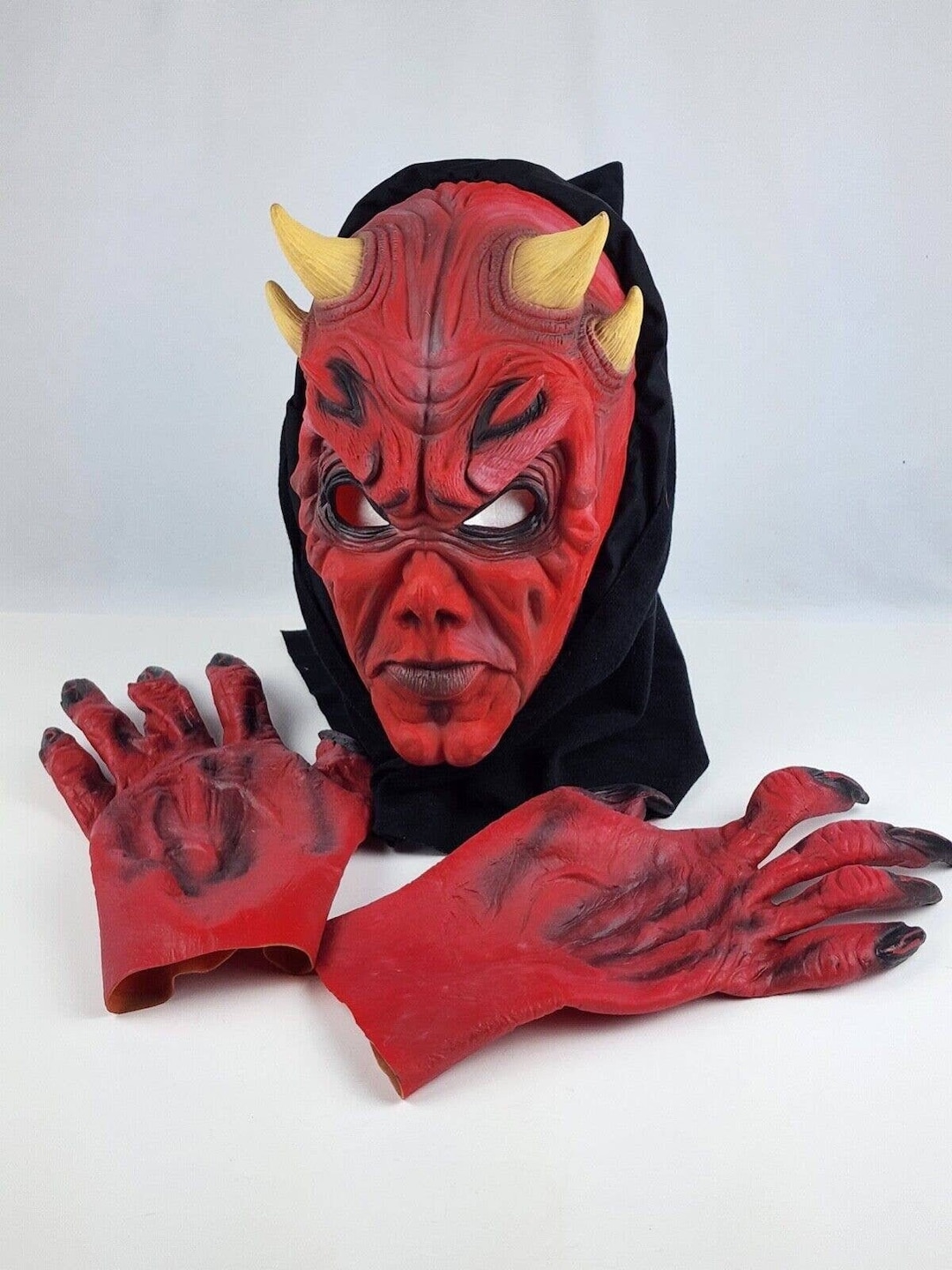 Rubber Face Horned Devil Demon Mask W/ Matching Hands Gloves Halloween ...