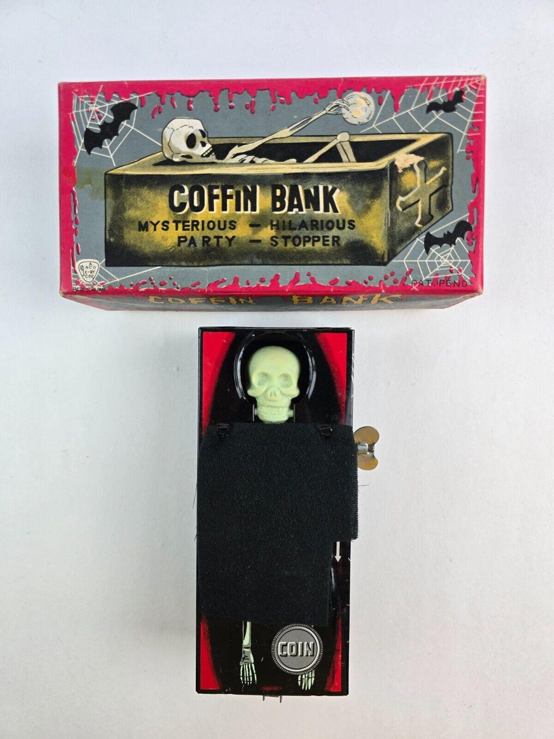 Vintage Yone Coffin Bank Wind-up Japan Skeleton Coin Grabber Tin Litho ...