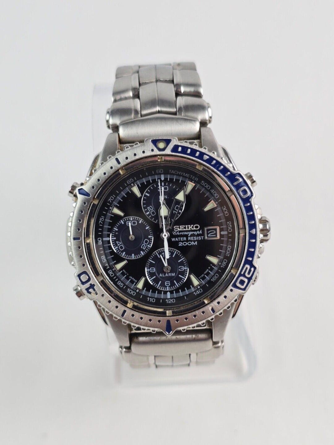 Seiko Chronograph Alarm 7T32-7E49 Blue & Black Stainless Working Fresh ...