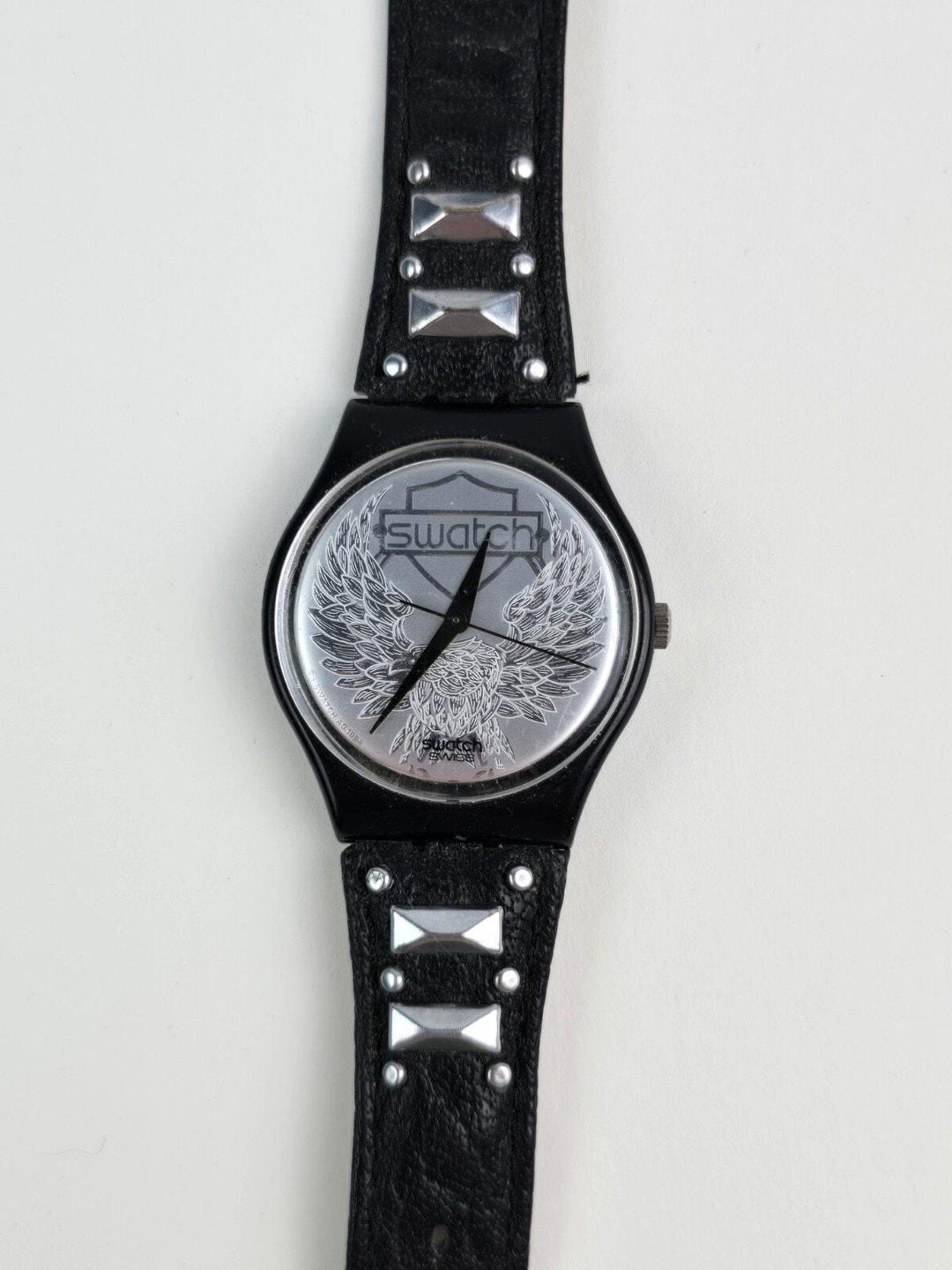 Swatch Biker Watch Silver Eagle Dial Studded Leather Strap 34mm Works ...
