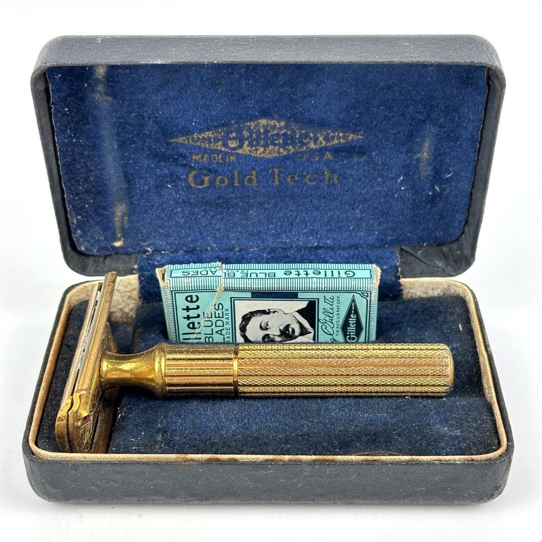 Vintage 1940's Gillette Gold Tech Fat Handle Safety Razor W/2 New Razors & Box - Etsy
