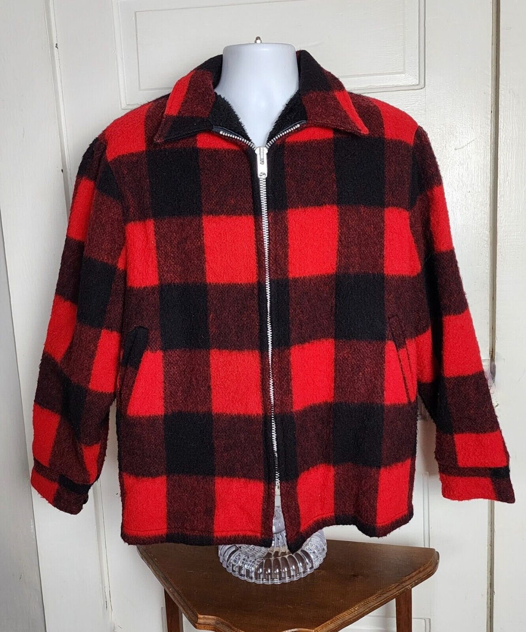 Vintage Woolrich Buffalo Plaid Wool Coat Jacket Black Red Insulated Med ...