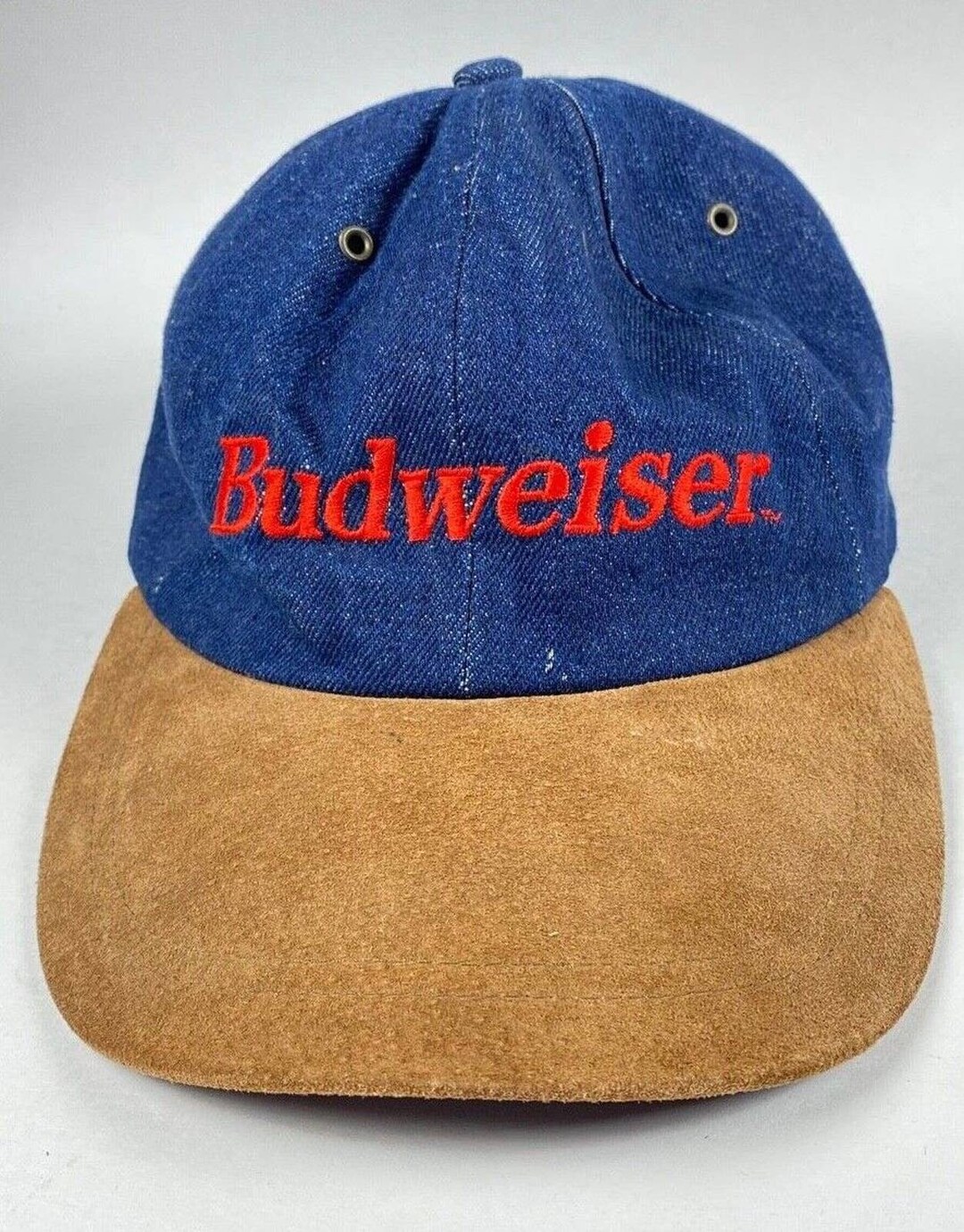 Budweiser Hat Denim Embroidered Logo Leather Brim Caps Direct UK - Back Step - Etsy