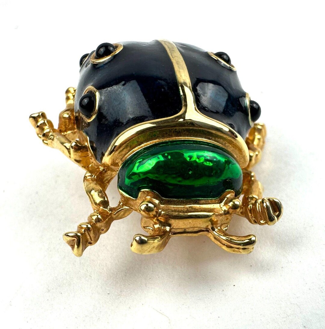 Vintage Scarab Beetle Bug Green Rhinestone & Enamel Gold Tone Pin ...