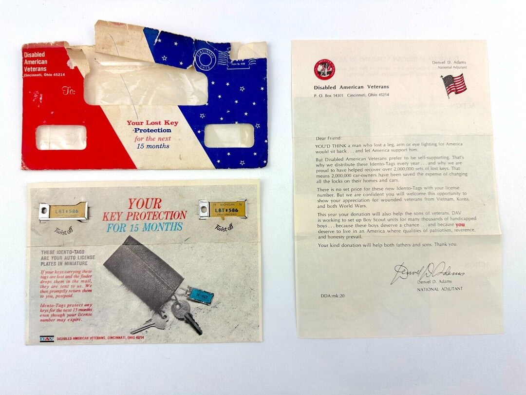 Vintage 1970 DAV Disabled American Veterans Idento-tags LBT-586 Letter ...