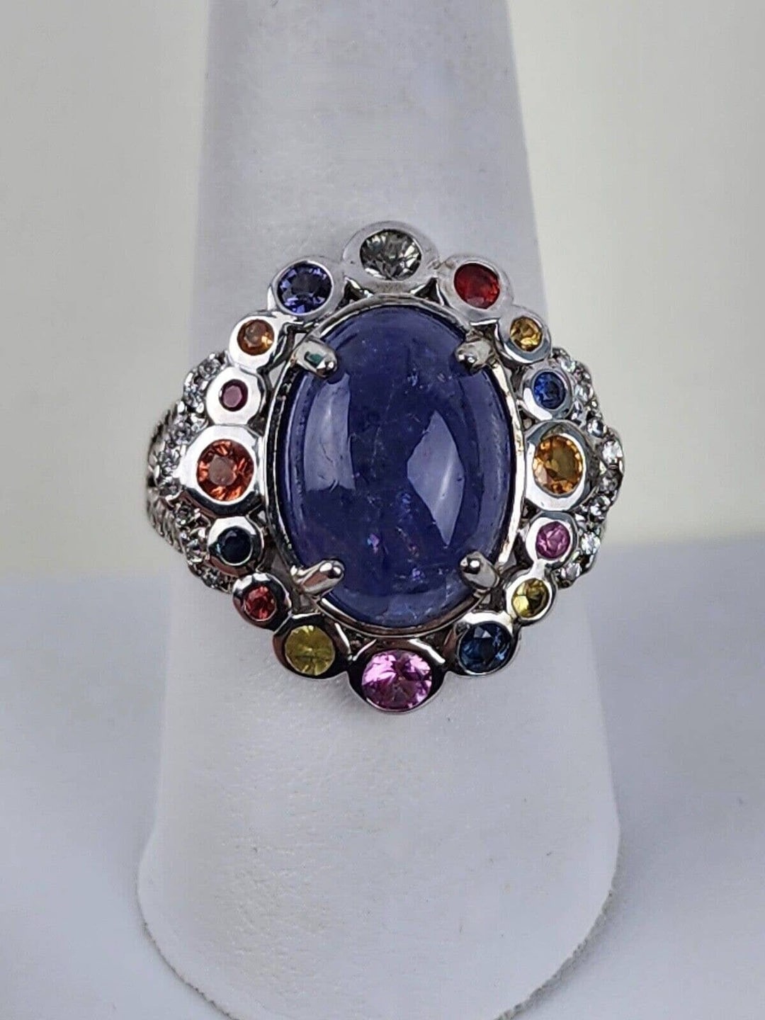 Large Oval Tanzanite & Multi-colored Gemstone Ring Size 9 Sterling ...