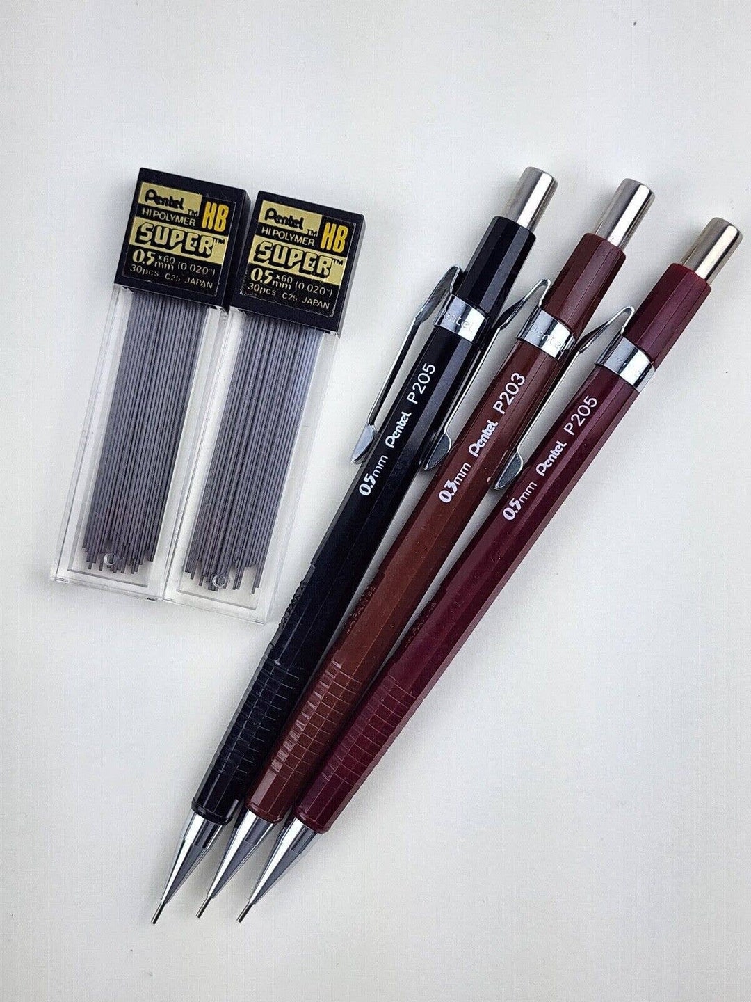 3x Pentel Mechanical Drafting Pencils Black Brown Maroon P203 P205 0 ...