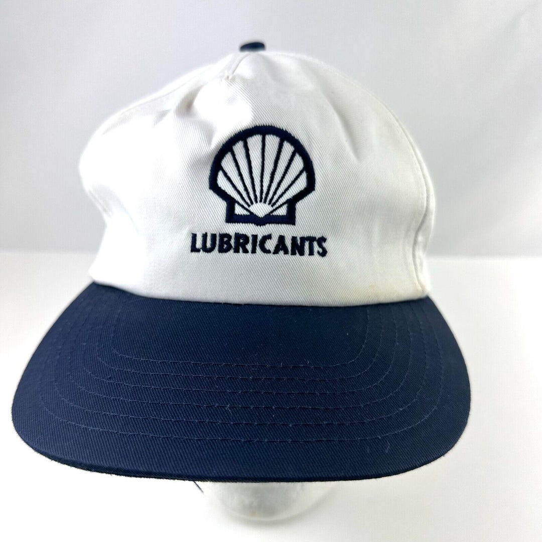 Vintage Shell Logo & Lubricants Snapback Hat Cap White W/ Blue Logo and ...