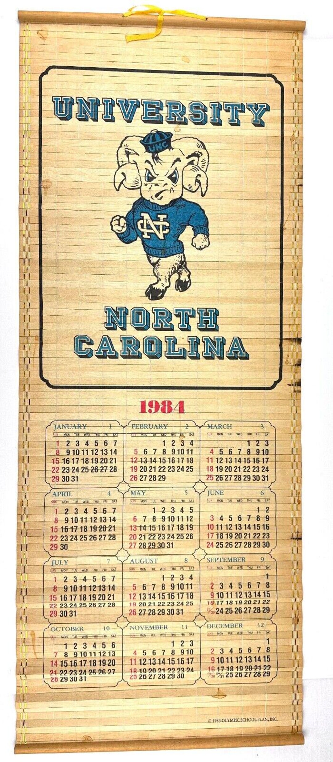 Vintage 1984 Wood Wall Scroll Calendar Rolled Reversible Univ North ...