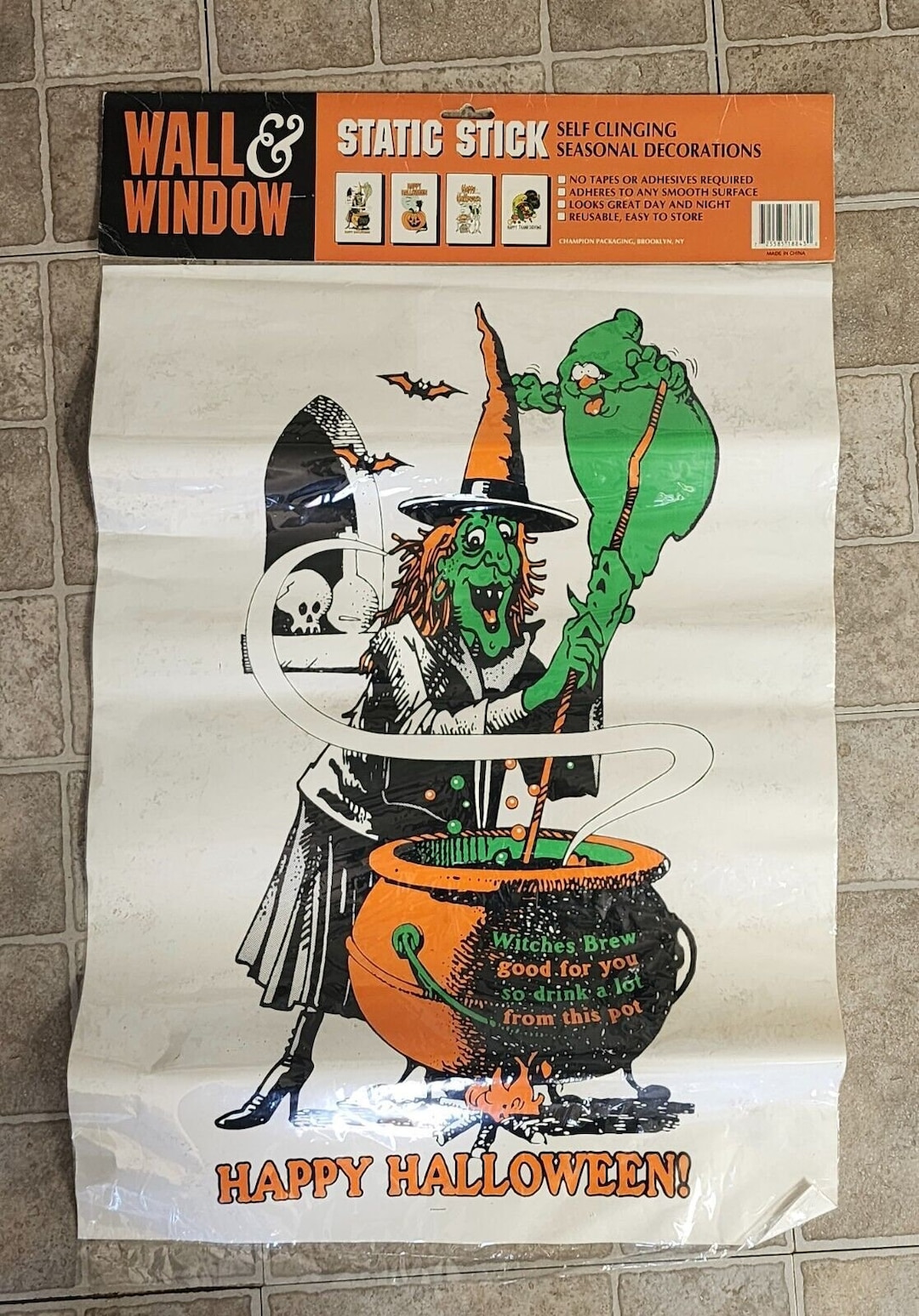 Vintage Halloween Witch Skeleton Static Stick Cling Wall Window ...