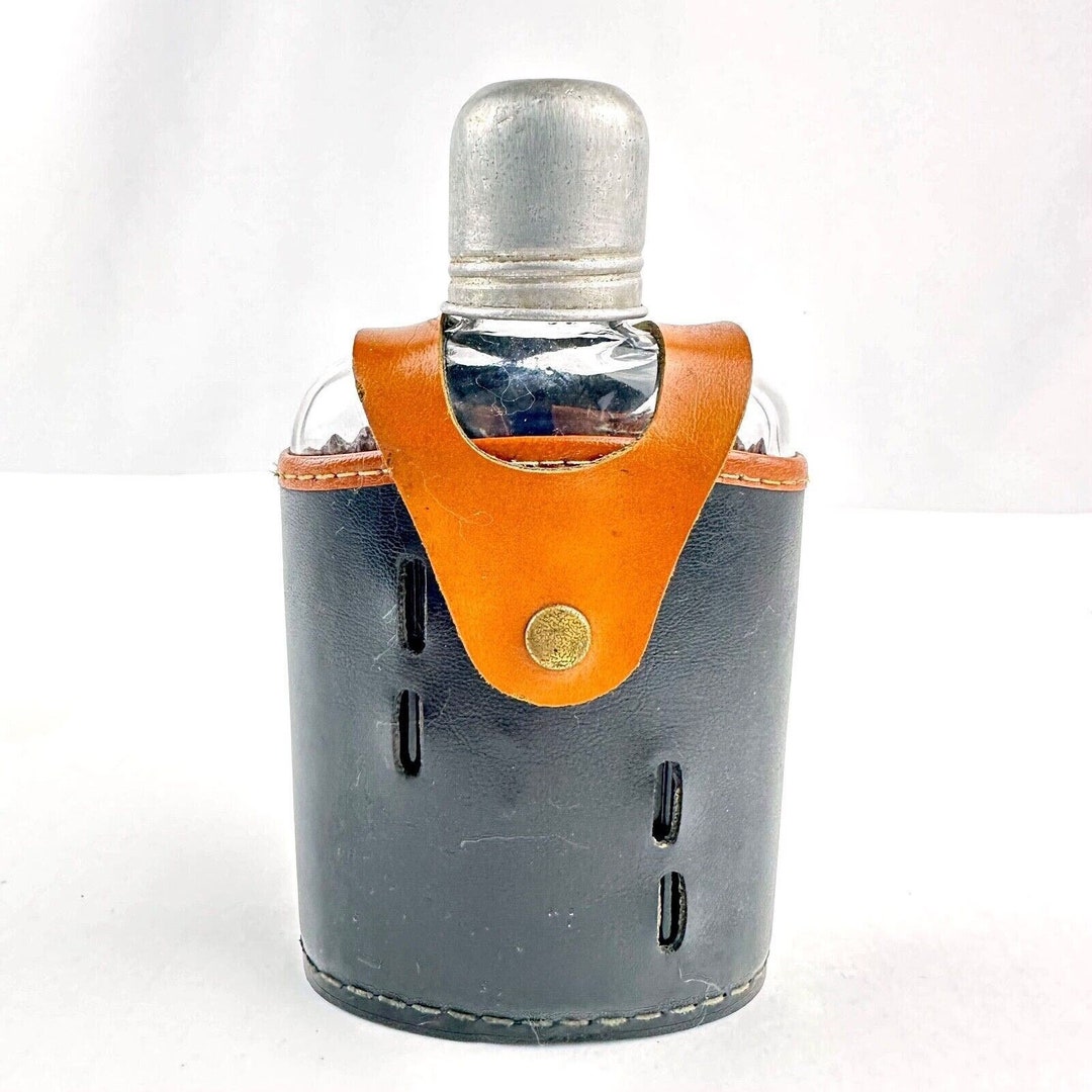 Vintage Swank Classic Glass Flask - Black Leather Case - Shot Glass ...