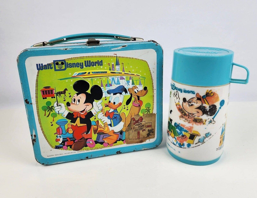 Vintage Wal Disney World Metal Lunchbox W/ Thermos Blue & White Pretty ...