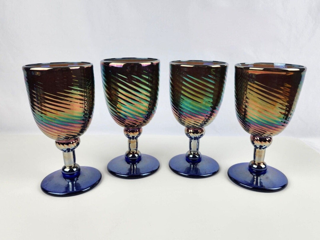 Rick Strini Studio Art Glass Set of 4 Iridescent Cobalt Blue Water Wine ...