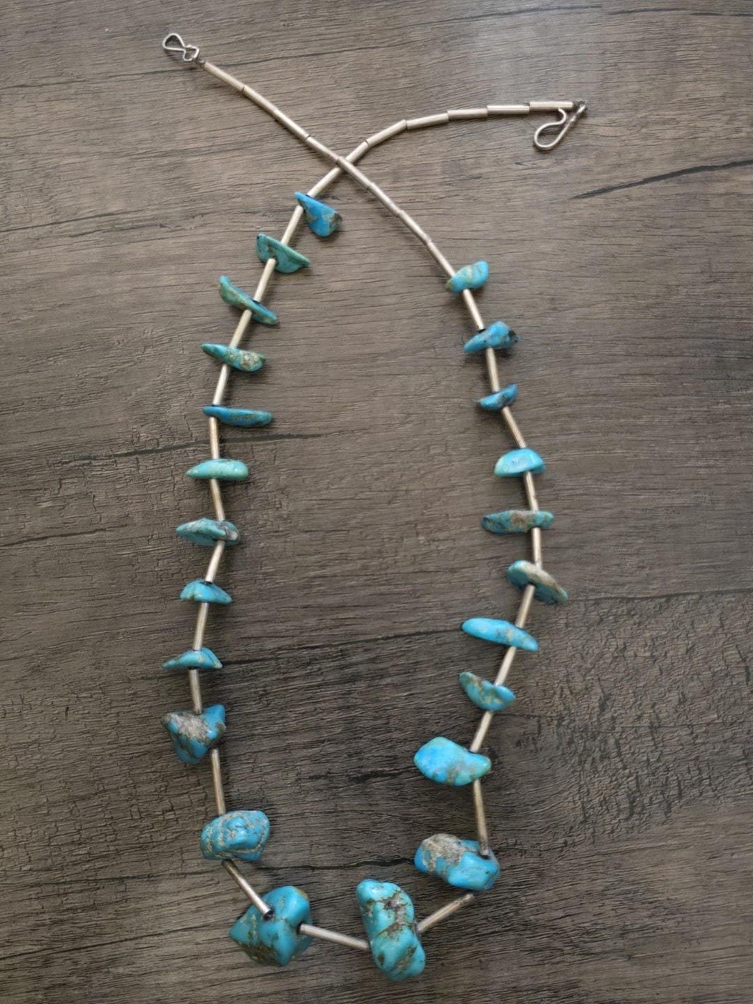 Large Natural Nugget Turquoise Liquid Silver Necklace 26" Length Native ...