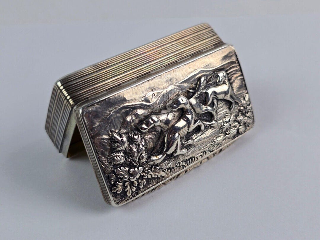Antique English Sterling Silver Gilt Snuff Box Raised Huntings Dog ...