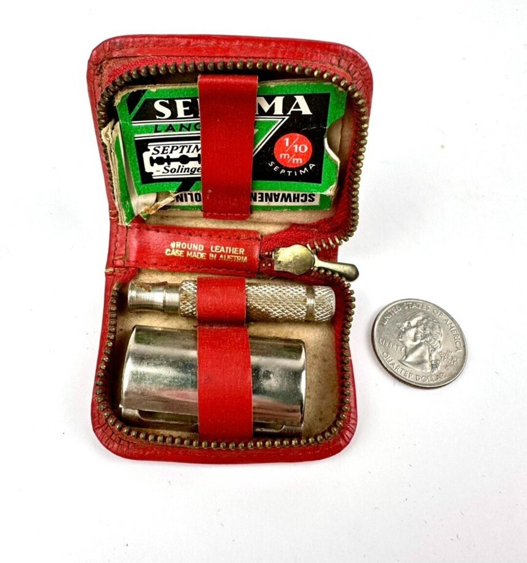 Vintage 60s Gillette Travel Shaving Razor Kit 2" Red Leather Zip Case ...