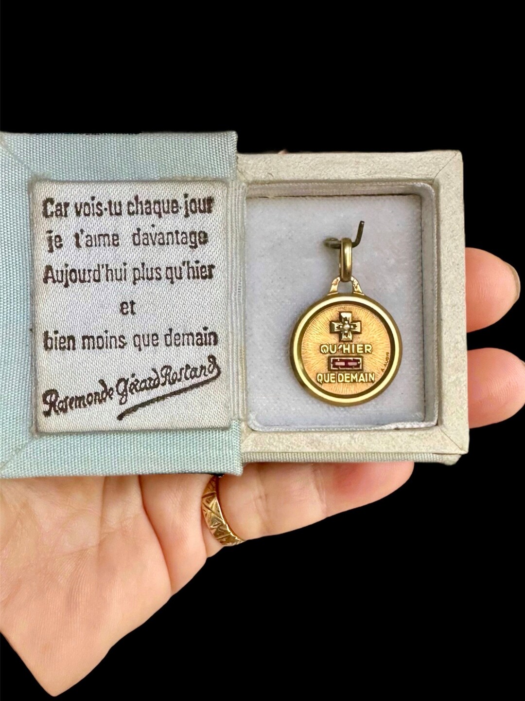 Vintage 18K Gold A Augis Qu Hier Que Demain Pendant Love Token Ring ...