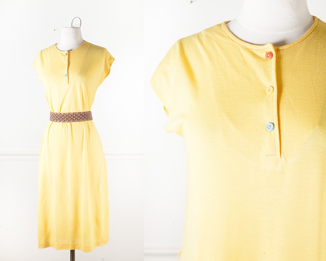 Vintage 1970s Yellow Shift Dress With Rainbow Buttons, Minimalist ...