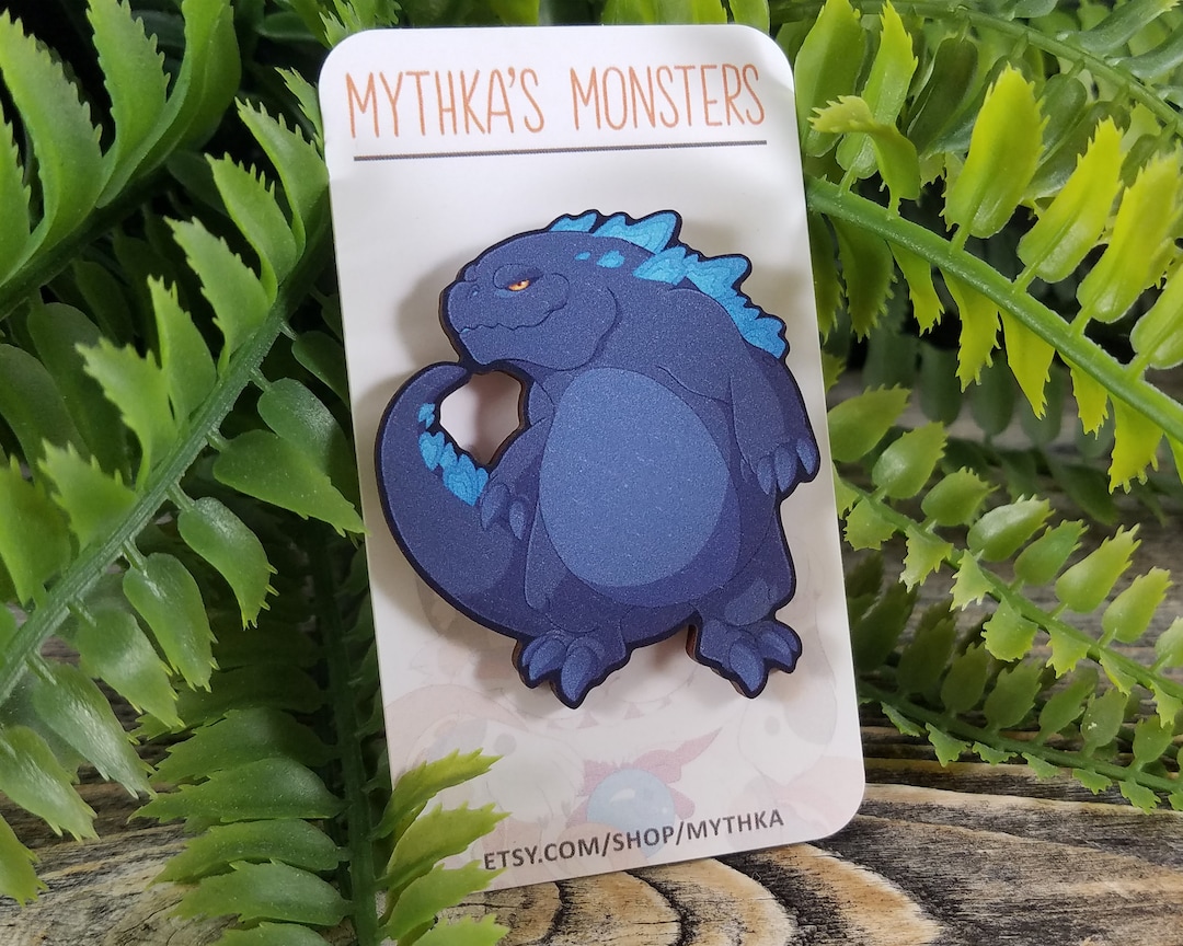 Kawaii Godzilla Sustainable Wood Lapel Pin ~ Chibi Kaiju Monster Badge ...