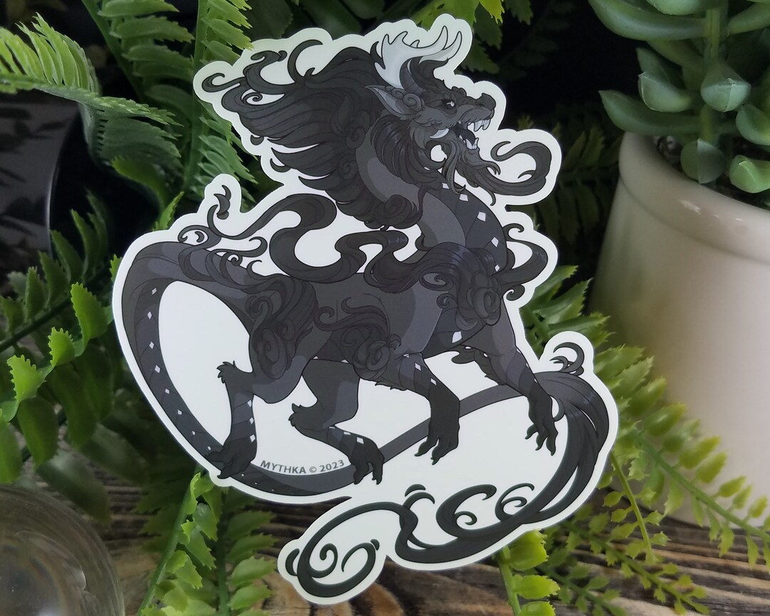 Qilin Black Dragon Unicorn 5 Inch Sticker & Mini Monster Print Fantasy ...