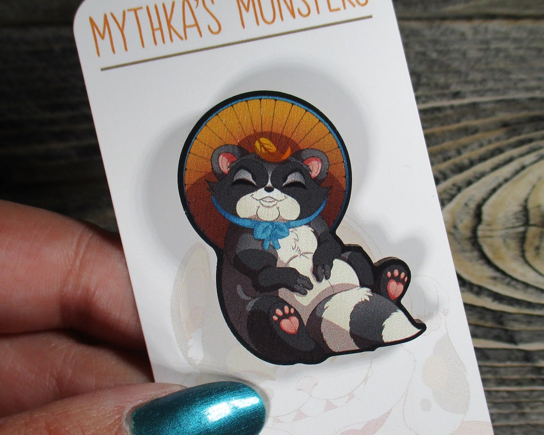 Tanuki Racoon Dog Sustainable Wood Lapel Pin Badge - Etsy